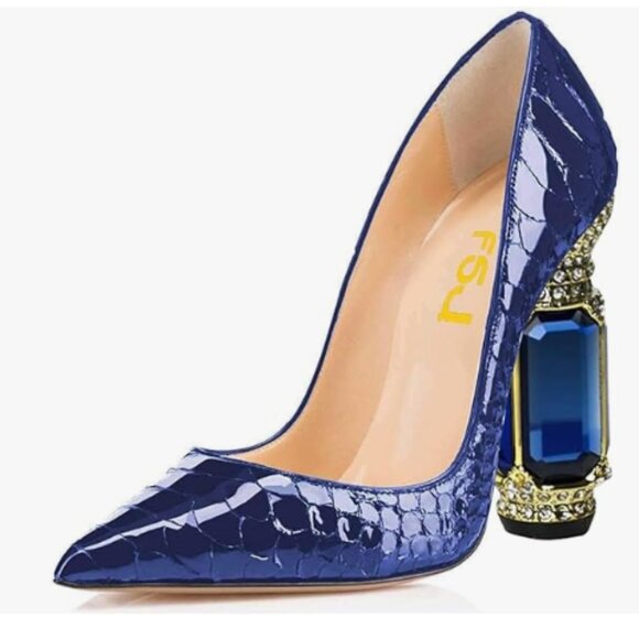 FSJ | Shoes | Fsj Blue Snake Print Bridal Pointed Toe Chunky High Heel ...